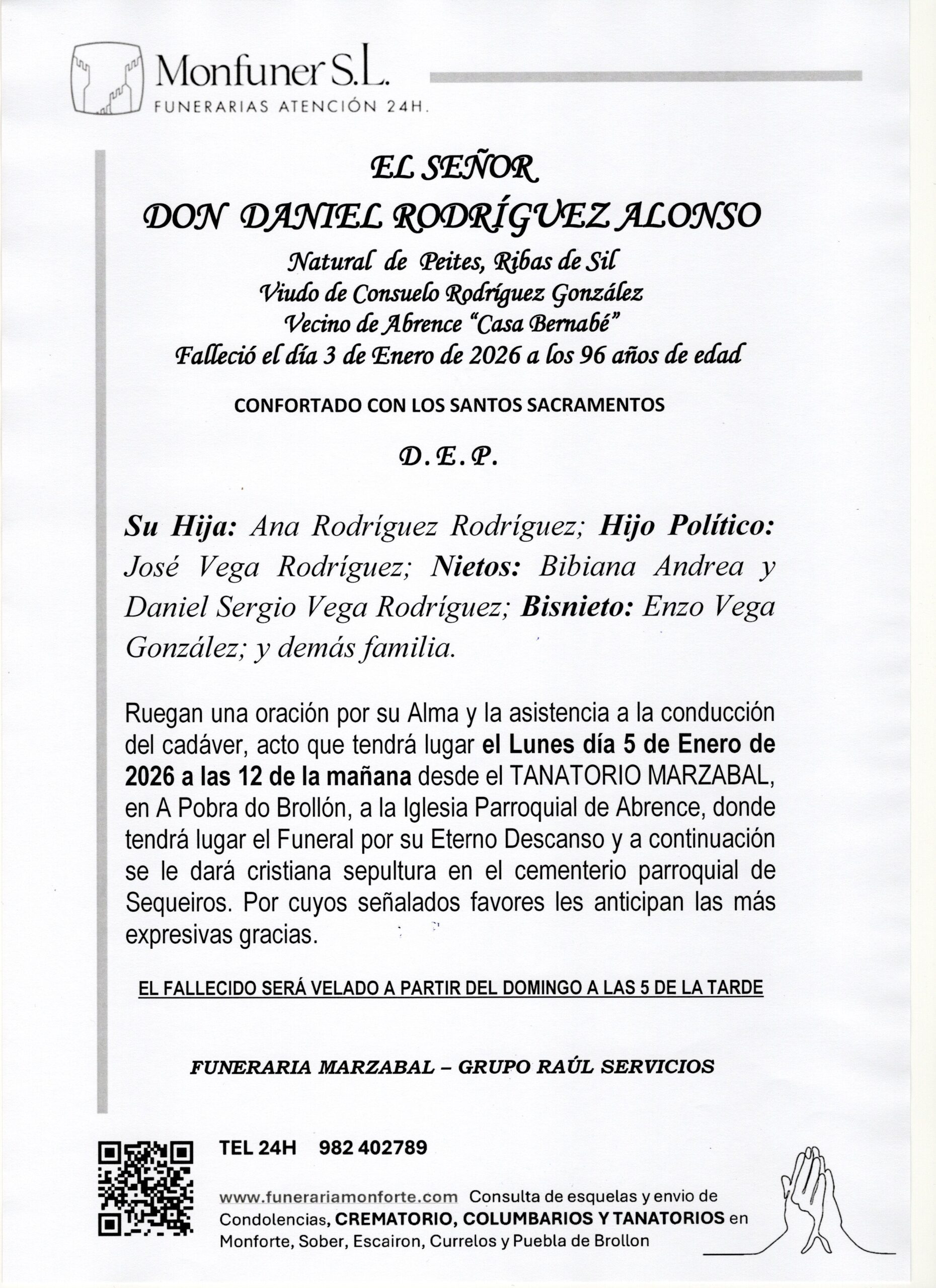 EL SEÑOR DON DANIEL RODRÍGUEZ ALONSO - Funeraria Raul